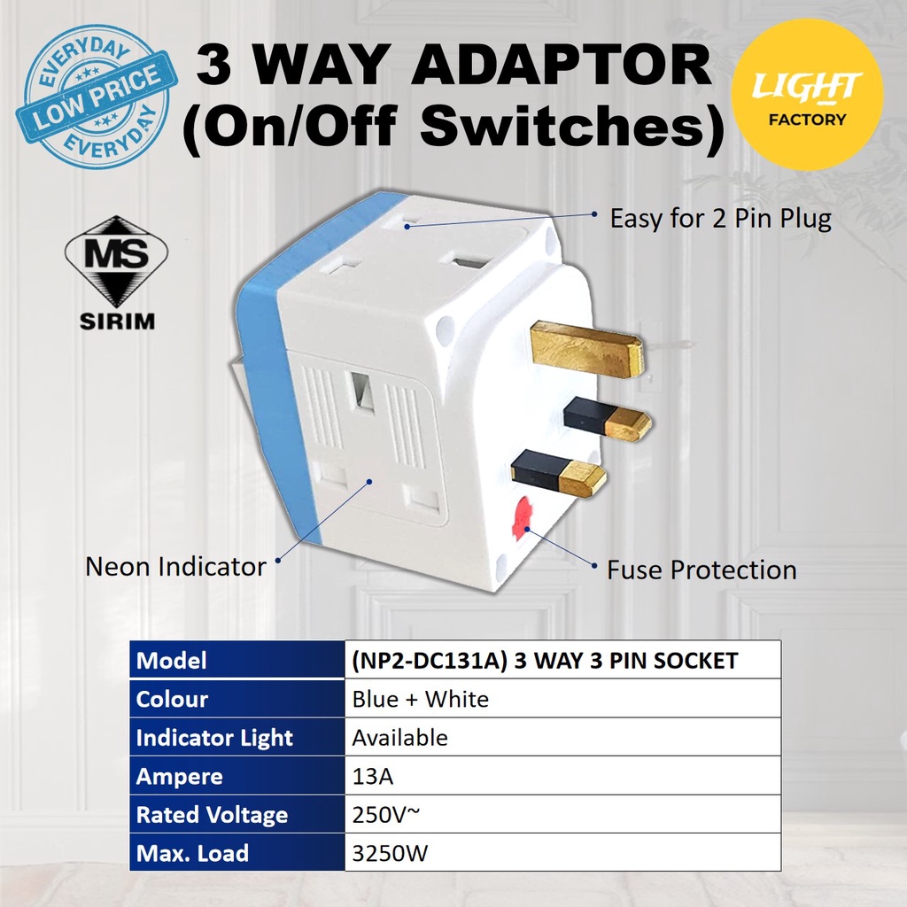 [sirim Approved] 3 Way Adapter With Switch 3 Way Multi Adaptor 13a 3 Pin Plug Socket With Neon