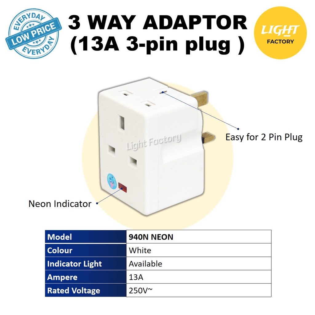 [SIRIM APPROVED] 3 Way Adapter with switch 3 Pin Conversion Plug ...