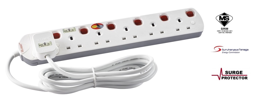 Selamat 6 Gang Surge Protection Extension Socket/Trailing Socket (3M ...