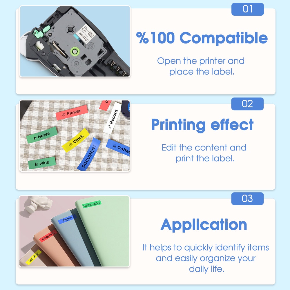 Compatible Brother P-Touch TZe TZ Label Tape 6mm 9mm 12mm 18mm 24mm 36mm Label Tape for PT-H107B ...