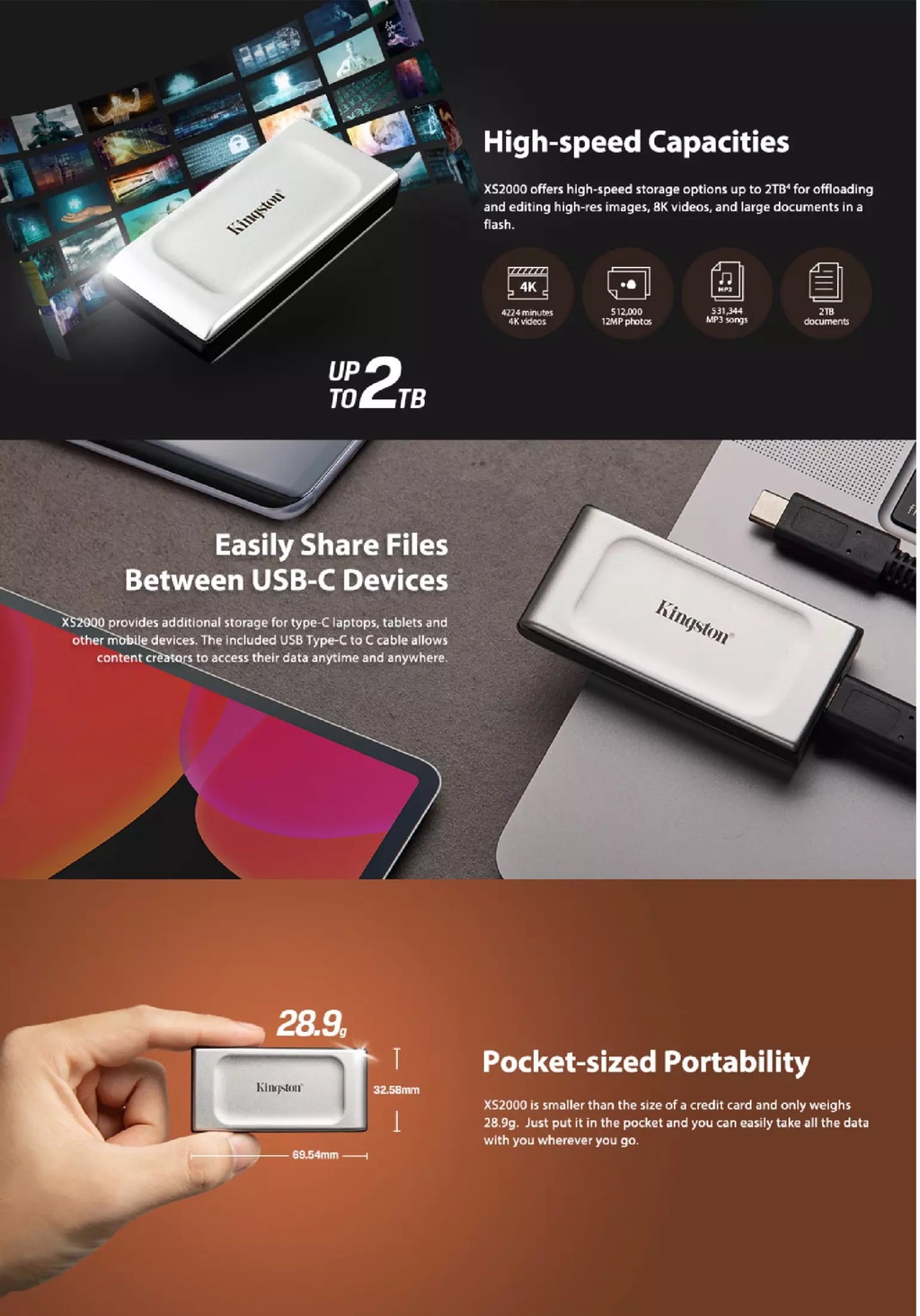 Kingston XS2000 External Portable Drive SSD High Performance Solid ...