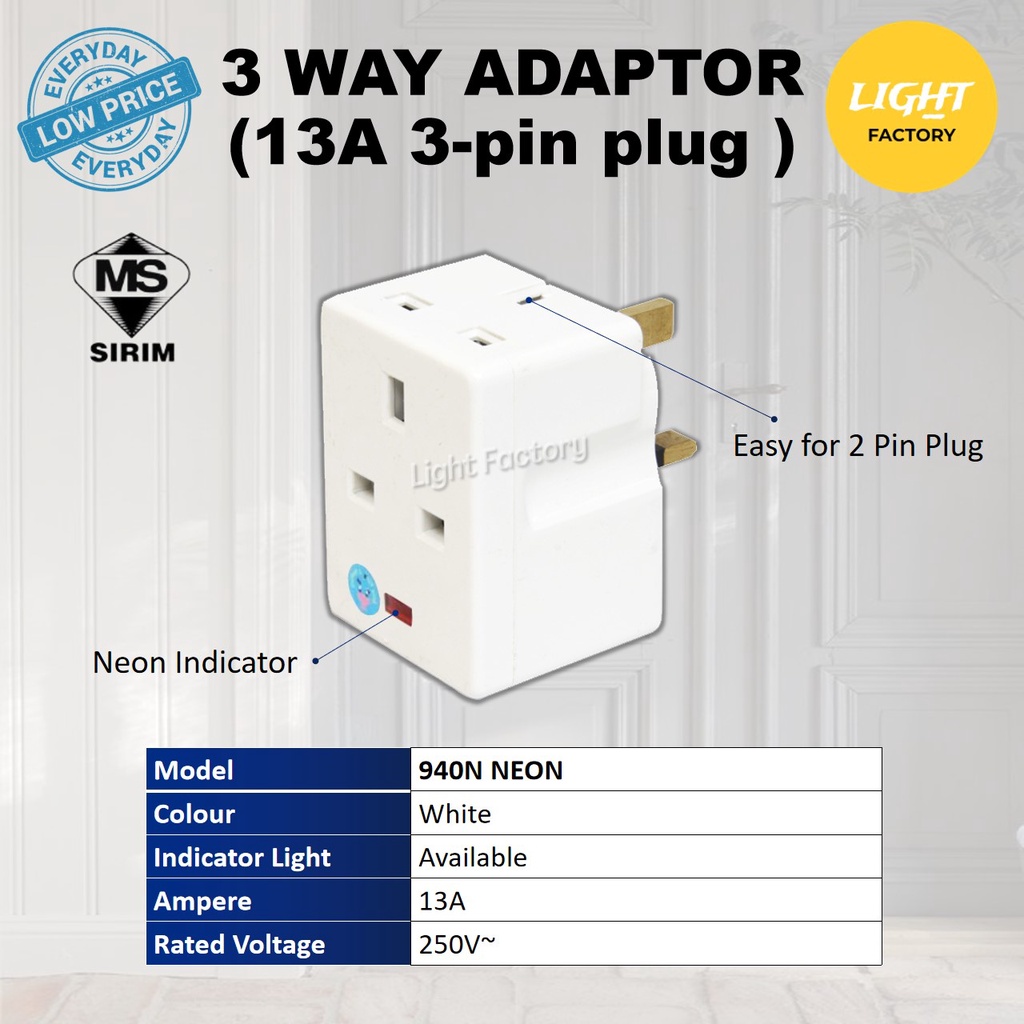 [SIRIM Approved] 3 Way Adapter with Switch 3 Way Multi Adaptor 13A 3 ...