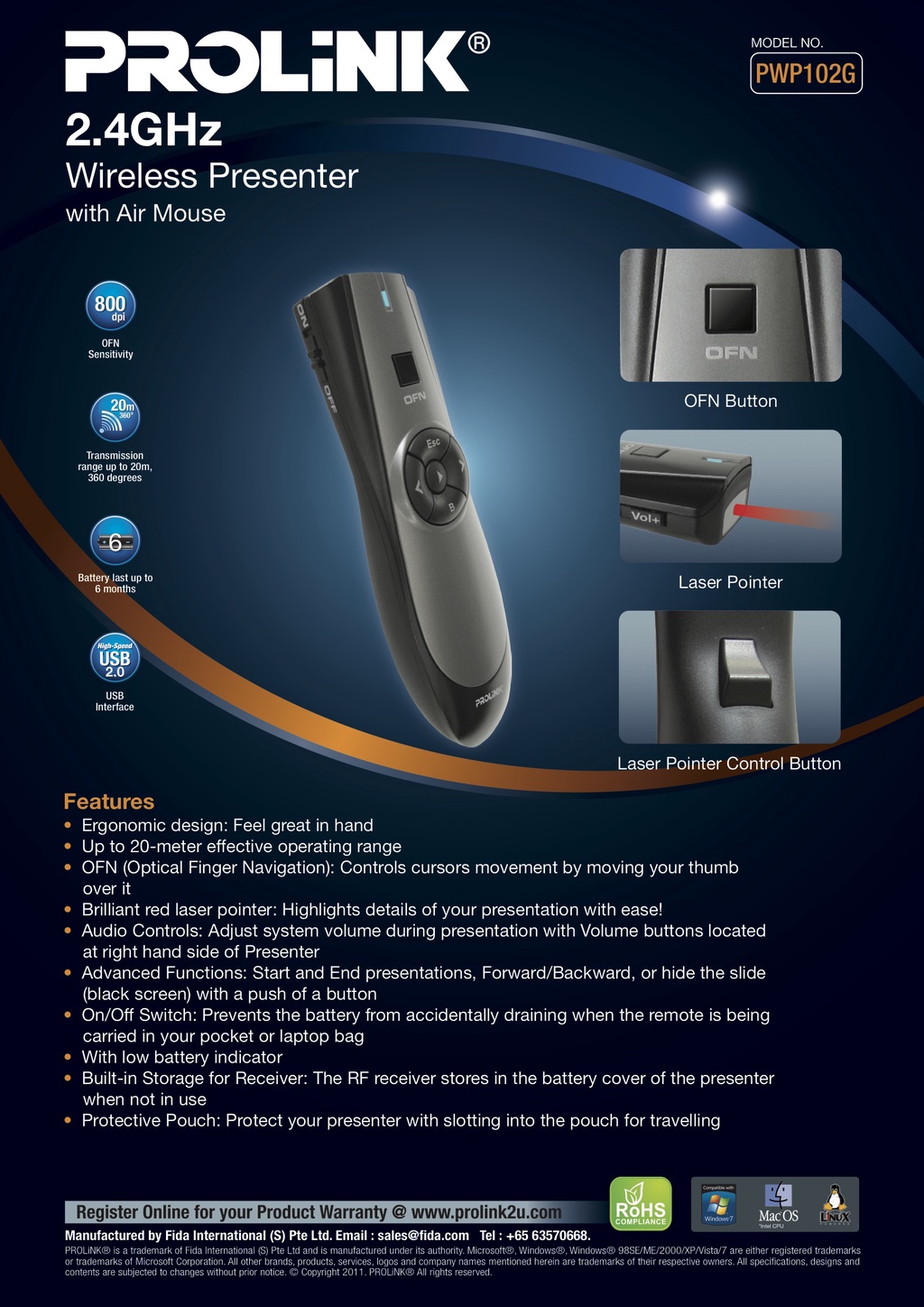 Prolink PWP102G Wireless Presenter Red Laser Pointer with Air Mouse Free 2x AAA batteries ...