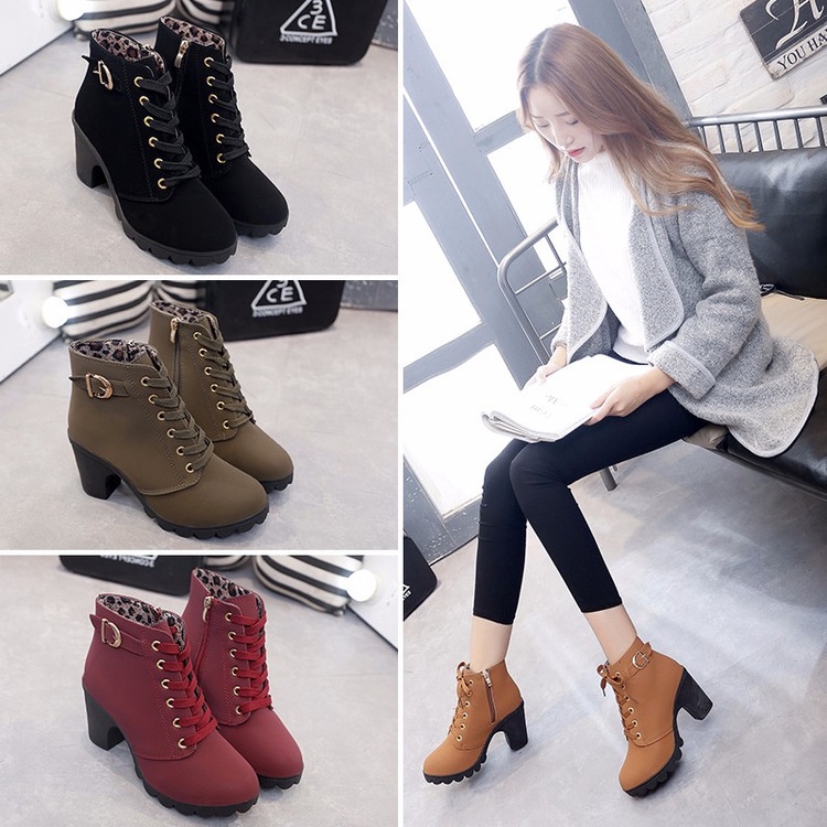 Fashion Lace Up Side Zipper Girl Women High Heel Winter Pumps Buckle ...