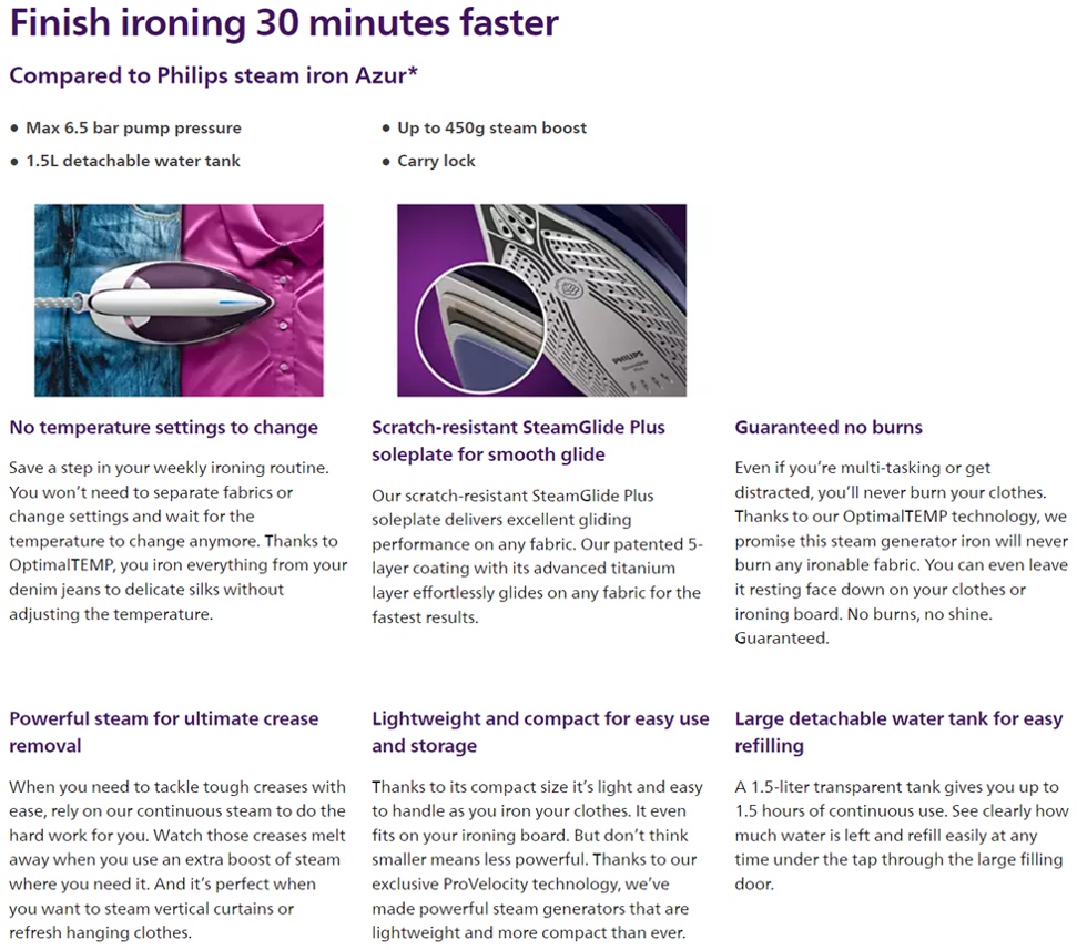 Philips Guaranteed no burns GC7933/36 PerfectCare Compact Plus Steam ...