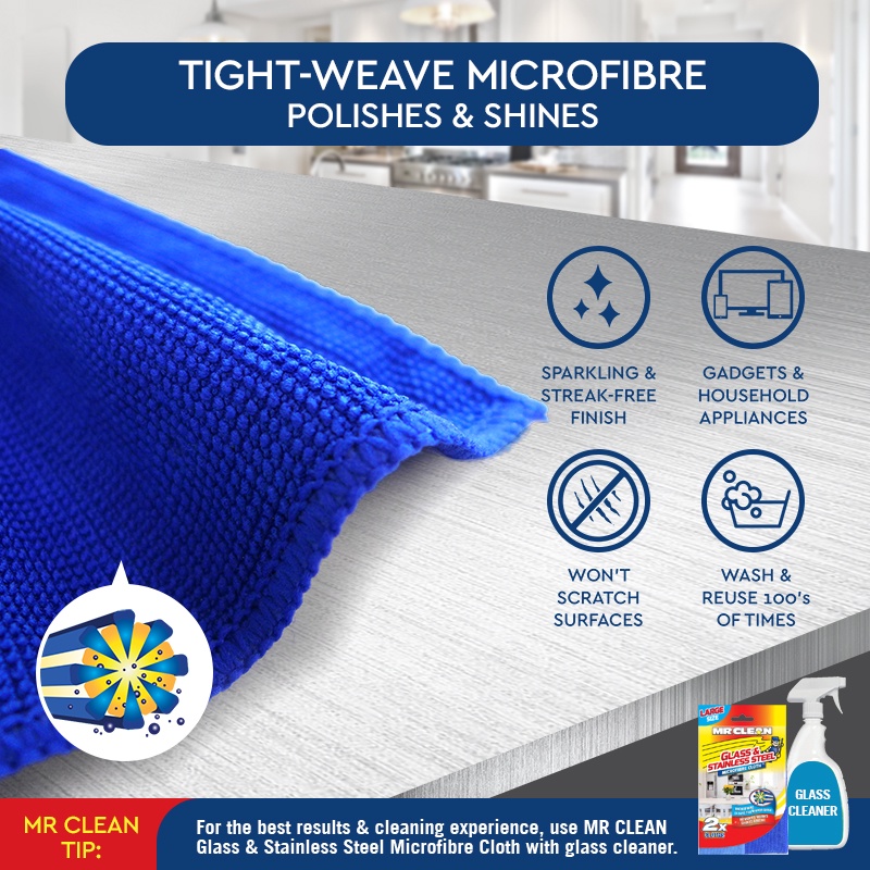 Mr Clean Glass & Stainless Steel Microfiber Cloth (2pcs/Pack) | Shopee ...