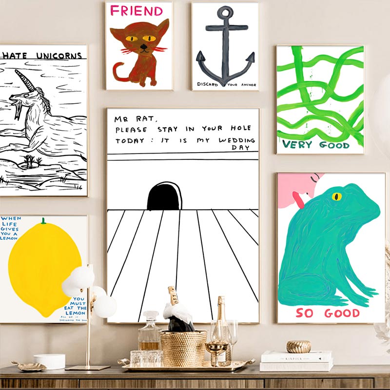 Abstract David Shrigley Frog Parrot Banana Lemon Art Canvas Painting ...