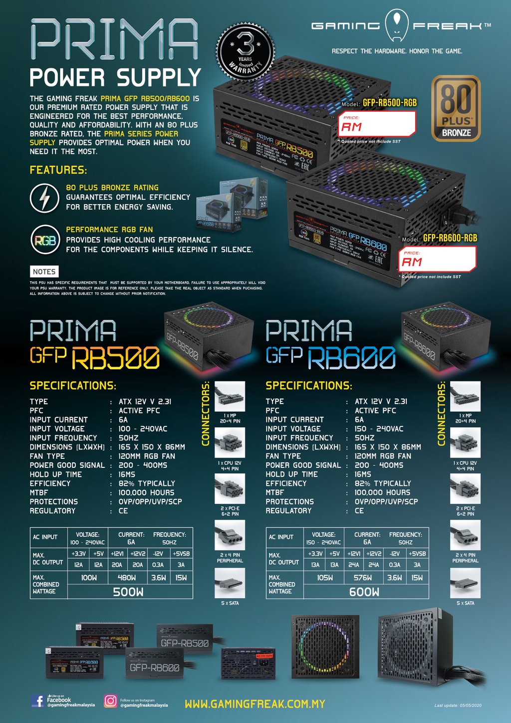 Gaming Freak Prima RB600 | Non Modular Flat Cable 600W RGB Power Supply ...