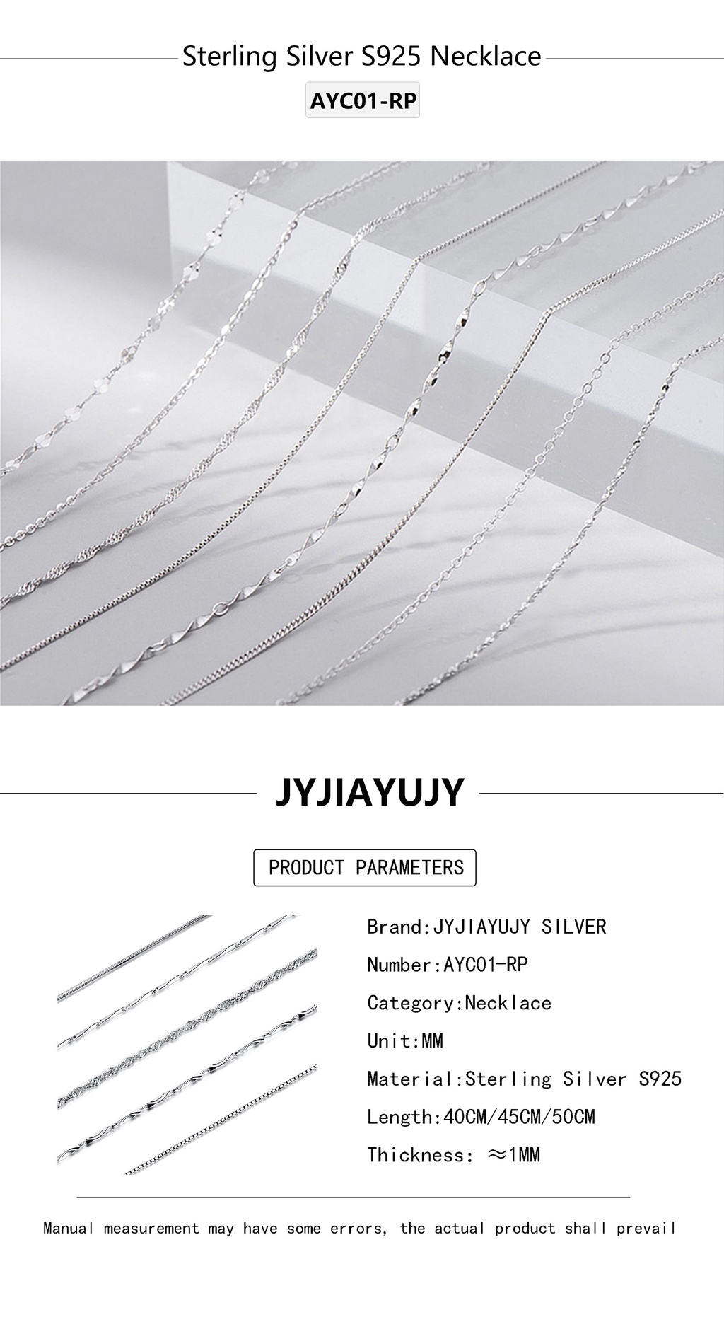 JYJIAYUJY 100% Sterling Silver S925 Necklace Silver Chain 40cm/45cm/50cm Hypoallergenic 1MM ...