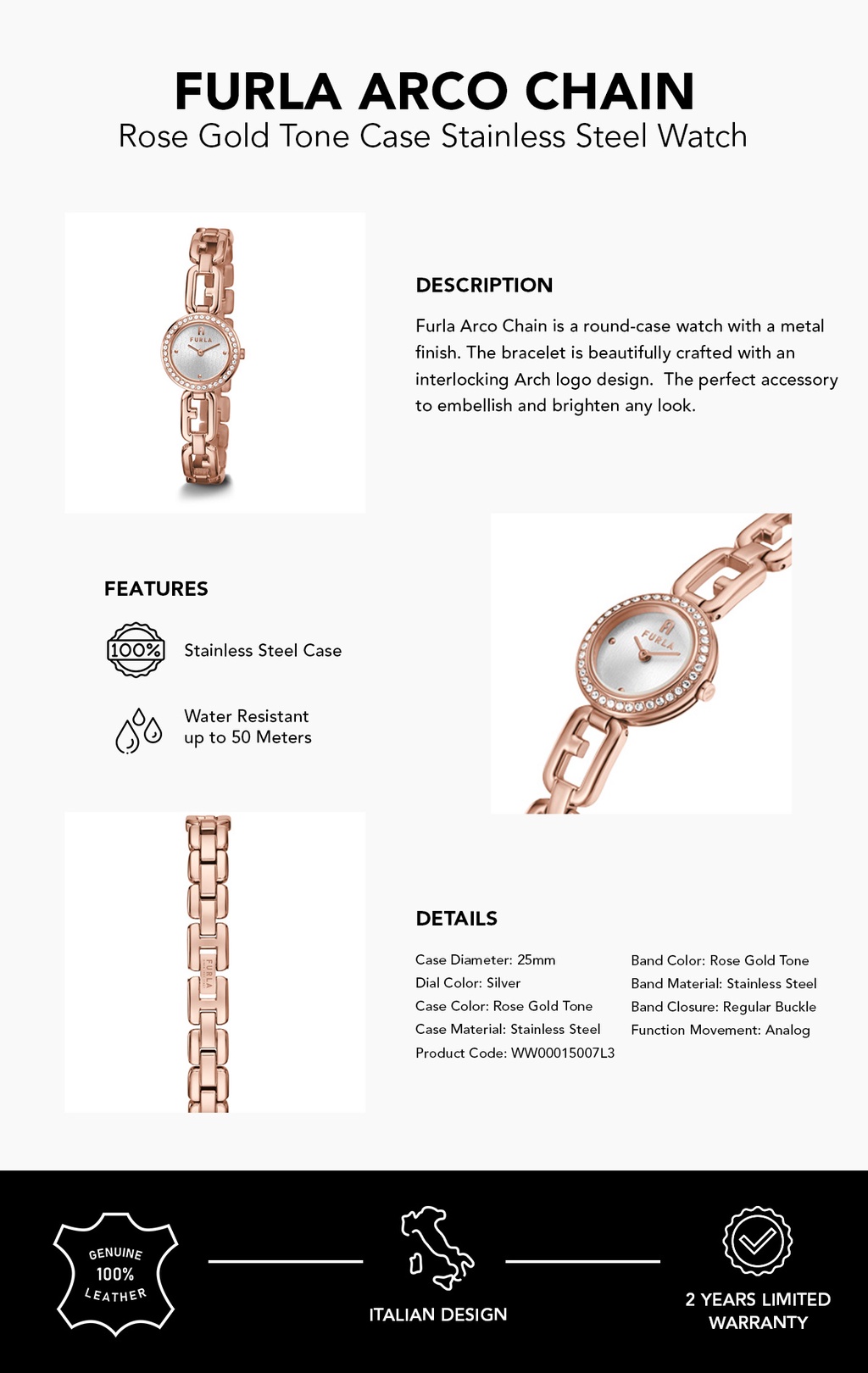 Furla Arco Chain Rose Gold Tone Case Dial Watch - Silver | Shopee Malaysia