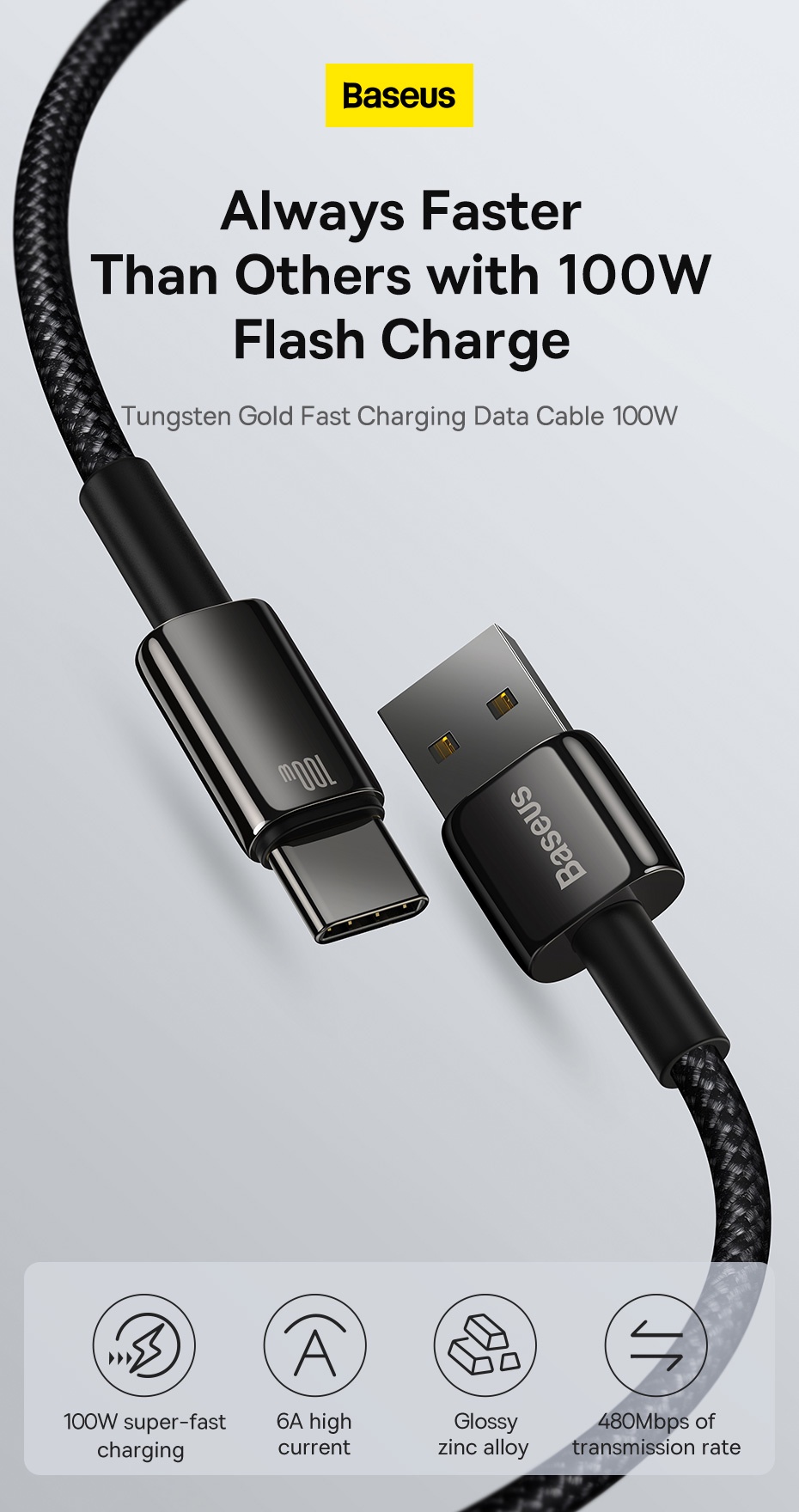 Baseus 100W USB Type C Cable For Cellphone Fast Charging Wire USB-C ...