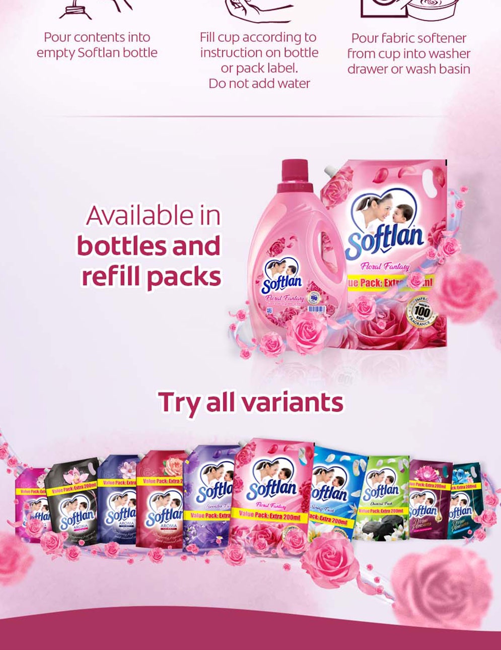 Softlan Anti Wrinkles Floral Fantasy (Pink) Fabric Softener 1.6L Refill ...