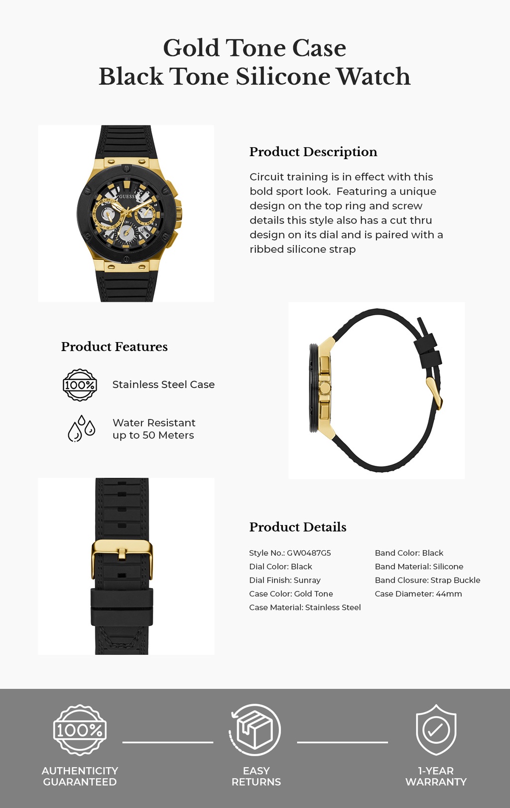 GUESS CIRCUIT MENS SPORT Gold Tone Case Black Dial Watch | Shopee Malaysia