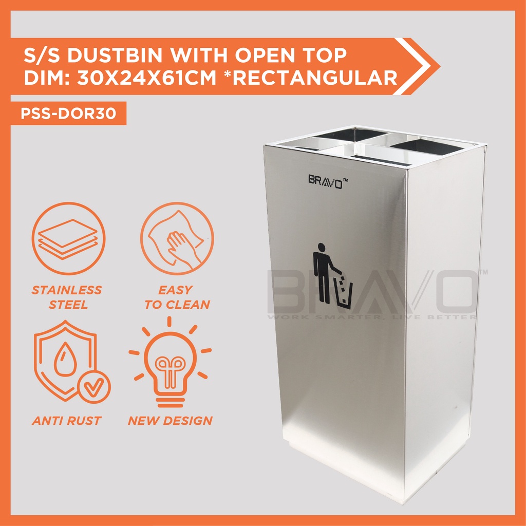 BRAVO Stainless Steel Dustbin With Ashtray Tong Sampah Stainless Steel ...
