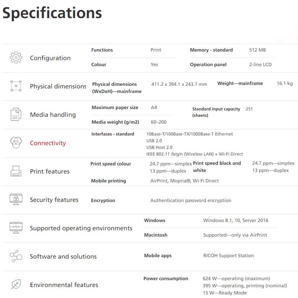 Ricoh P C200W 24.7ppm A4 Digital Color Laser Printer With Mobile ...