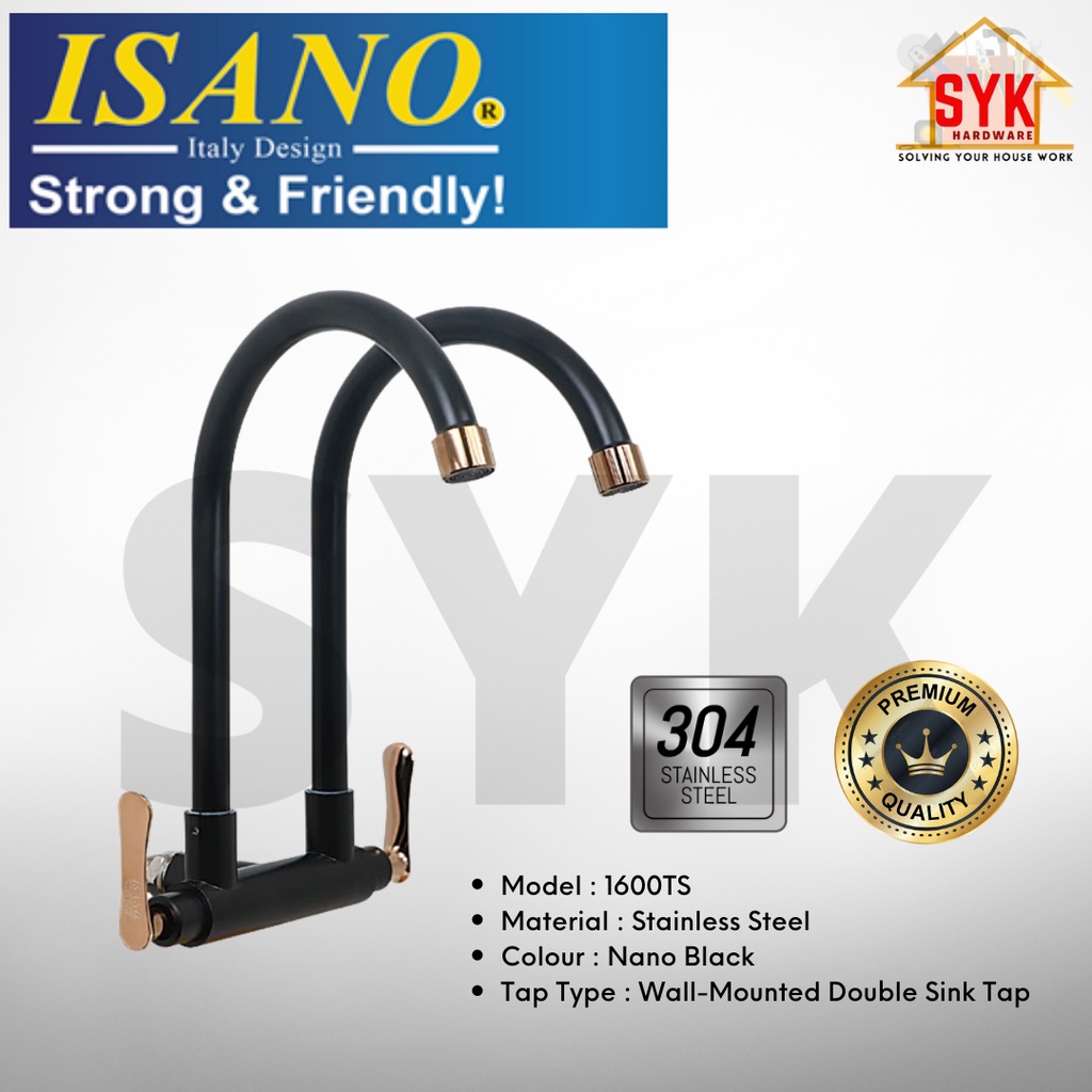 SYK ISANO 1600TS Swan Neck Tap Wall Mounted Nano Black Kitchen Sink ...