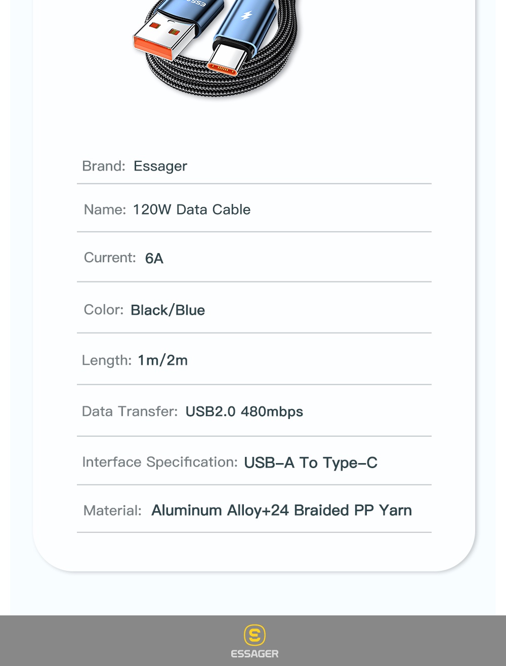 Essager 120W Super Fast Charge Type-C Cable 6A Quick Charge USB Cable ...