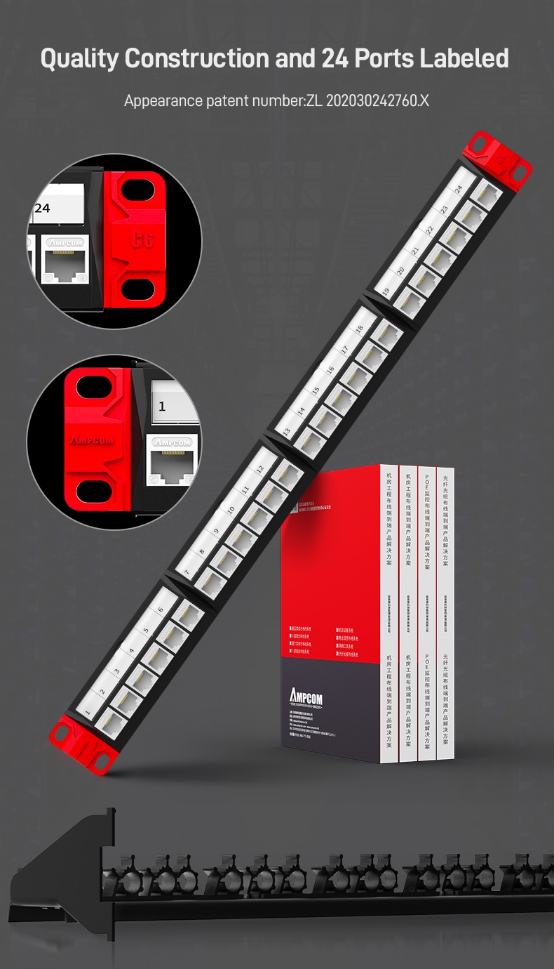 AMPCOM 24 Port Tool-Less RJ45 Keystone Jack Patch Panel with Back Bar ...
