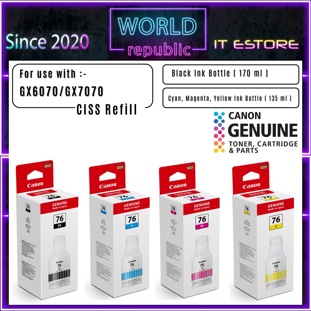 Canon Genuine Ink Bottle GI76 GI-76 (Pigment - BK/C/M/Y) MCG01 MC-G01 ...