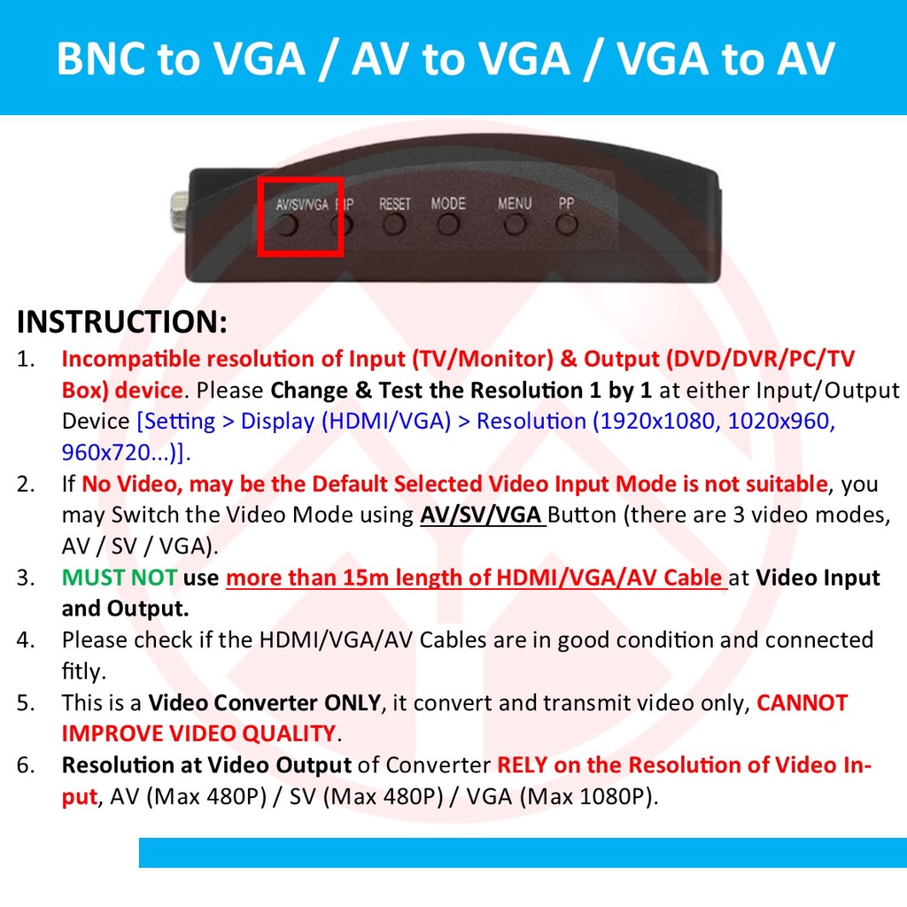 BNC to VGA / VGA to AV / AV to VGA VIDEO CONVERTER 1080P FULL HD with ...