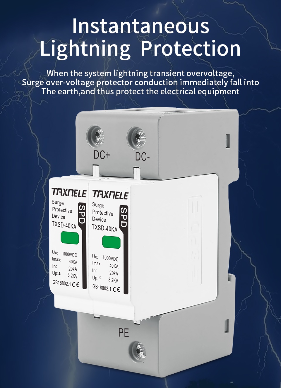 TAXNELE DC SPD Surge Protector 600V 1000V 2P 20KA 40KA Solar PV Lightning Arrester Voltage ...