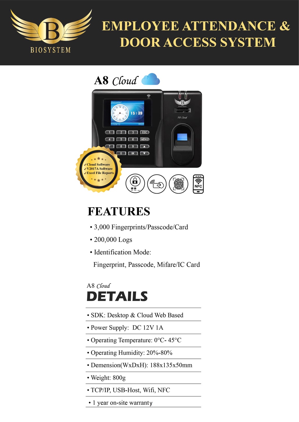 Biosystem A8 Wifi Cloud Web Based Fingerprint Time Attendance Recorder C/W Backup Battery ...