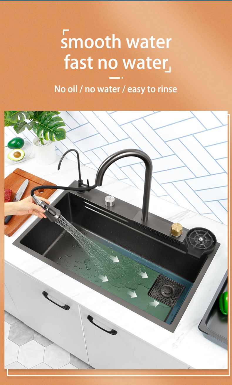 Gun Grey 304 Stainless Steel Waterfall Kitchen Sink Above Mount Gray ...