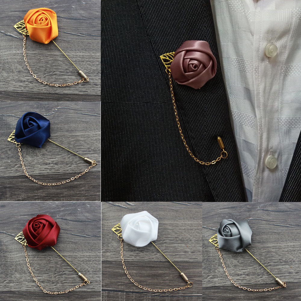 Rose Flower Golden Leaf Brooch Pin Suit Lapel Canvas Fabric Ribbon Tie ...