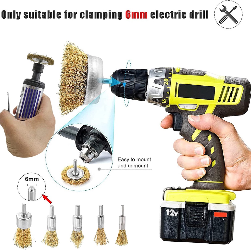 6MM Shank Brass Wire Wheel Brush Paint Remover Burr Rotary Grinder ...