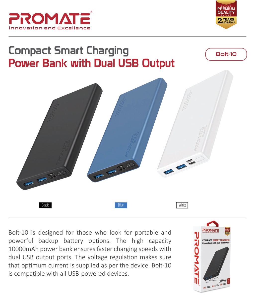 PROMATE Bolt-10 10000mAh (37Wh) Compact Smart Charging Power Bank with ...