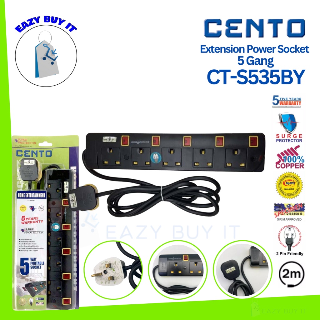 CENTO 3/4/5-GANG 3 PIN PORTABLE SOCKET WITH SURGE PROTECTOR & NEON (2M ...