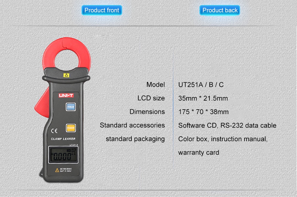 Leakage Current Clamp Meter UNI-T UT251A UT251C Auto Range High Sensitivity Leakage current ...