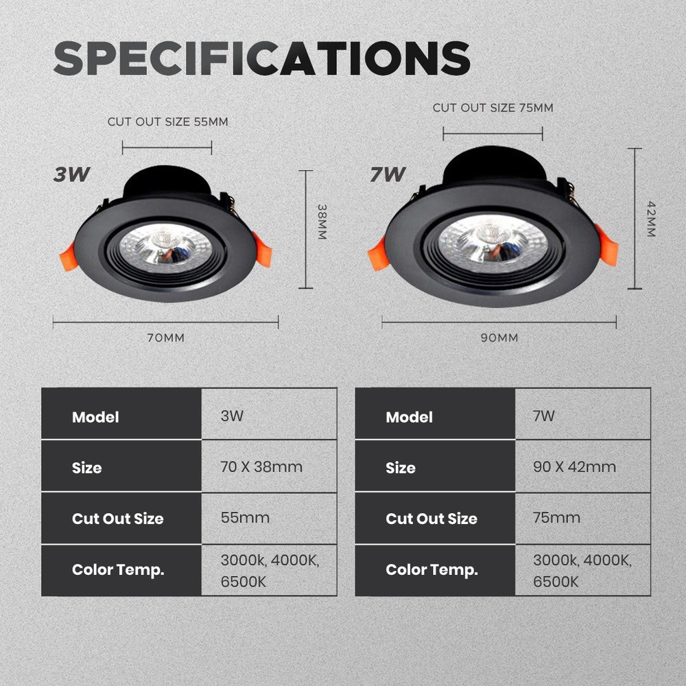 3W/7W LED EYEBALL LIGHT BLACK/WHITE 240V 3 COLOR LED RECESSED SPOTLIGHT ...