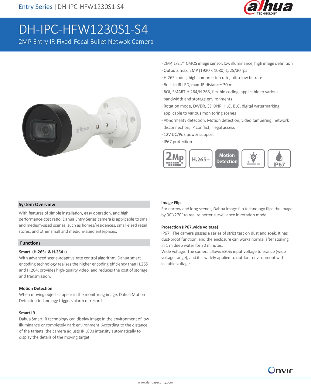 Dahua DH-IPC-HFW1230S1-S4 DAHUA 1/2.7 ENTRY 2MP IP67 FIXED LENS IR ...