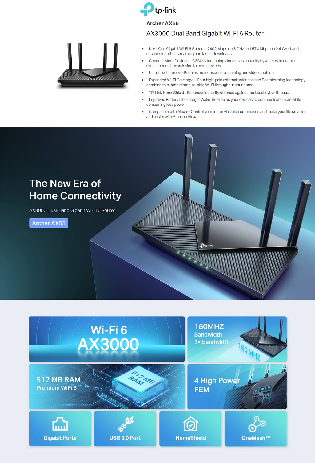 Tp-Link Archer AX55 AX3000 Dual Band Gigabit Wi-Fi 6 Router | Shopee ...