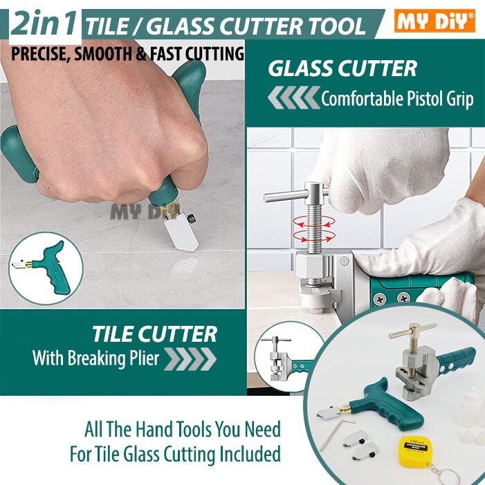 MYDIYHOMEDEPOT - 2 IN 1 Glass Cutter Tools Kit Glass Tile Cutter Hand Tool Pistol Grip Cutter ...