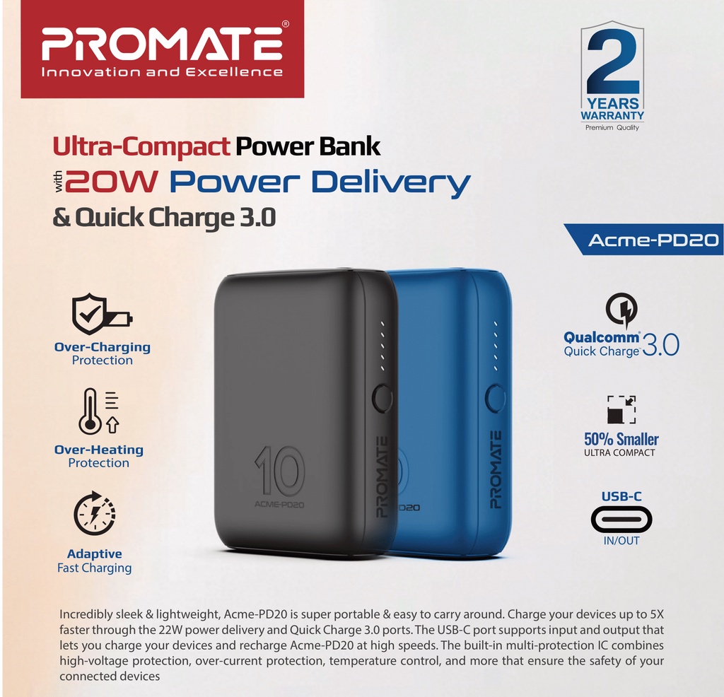 PROMATE Acme-PD20 10000mAh Ultra-Compact Power Bank with 20W Power ...
