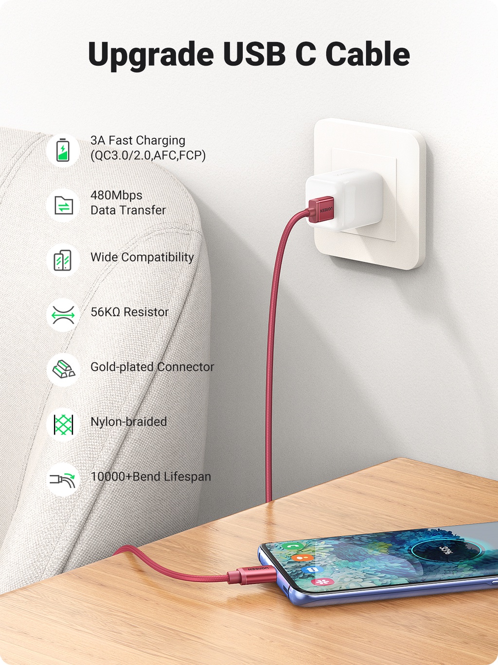 UGREEN USB A To USB Type C Cable 3A Qualcomm 3.0 QC Quick Fast Charging 480Mbps Nylon Braid for ...