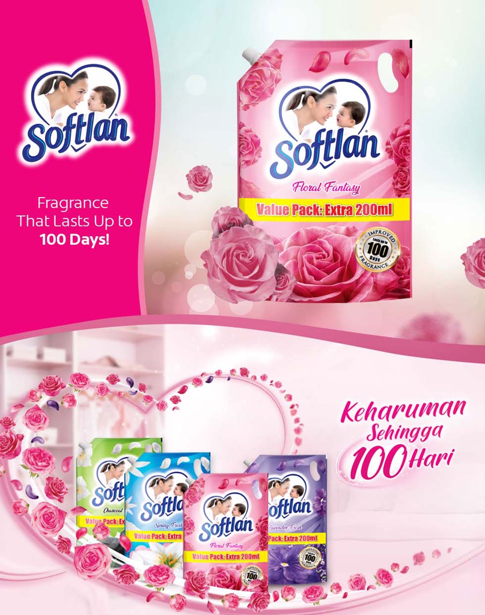 Softlan Anti Wrinkles Floral Fantasy (Pink) Fabric Softener 1.6L Refill ...