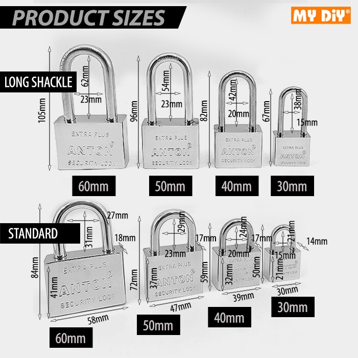 MYDIYHOMEDEPOT - ANTON 30MM-60MM Security Padlock Steel Chrome Padlock ...