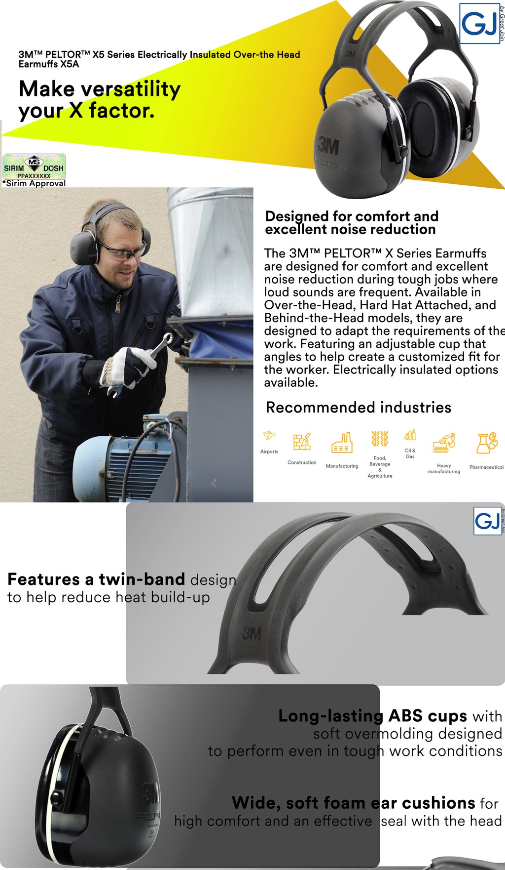 3M X5A Peltor X5 Series Over-The-Head Safety Ear Muff/ DOSH SIRIM Approved Earmuff/ Highest SNR ...