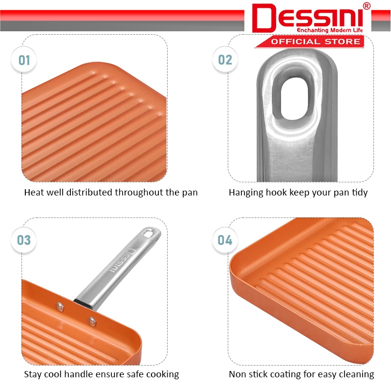 DESSINI ITALY Zero Fat 24CM Grill Steak Frying Pan Die Cast Aluminium ...