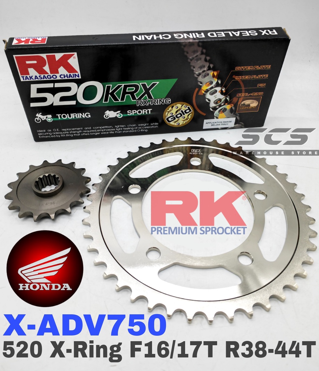 RK Sprocket Set Honda XADV750 520 X-Ring Black Gold Chain Rantai Hitam ...