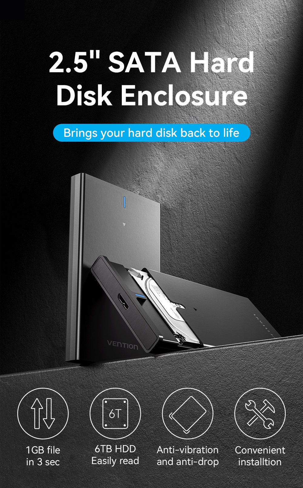 Vention HDD Case 2.5" Hard Drive Enclosure USB 3.0 Type C SATA 5Gbps External Hard Drive Disk ...