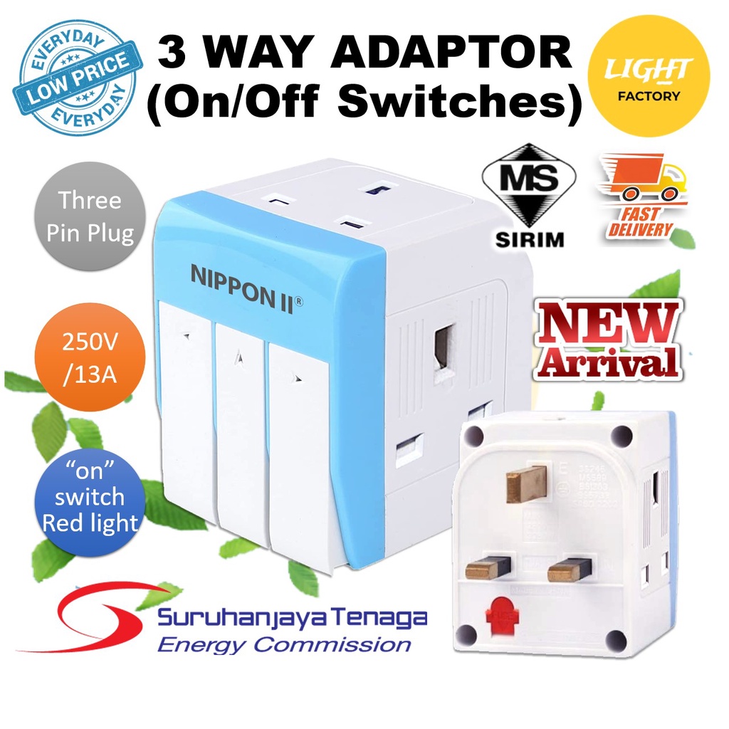 [SIRIM Approved] 3 Way Adapter with Switch 3 Way Multi Adaptor 13A 3 ...