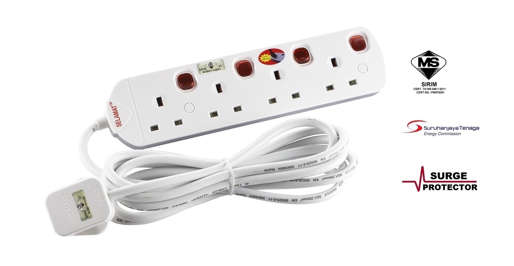 Selamat 4 Gang Surge Protection Extension Socket/Trailing Socket (2M/3M ...