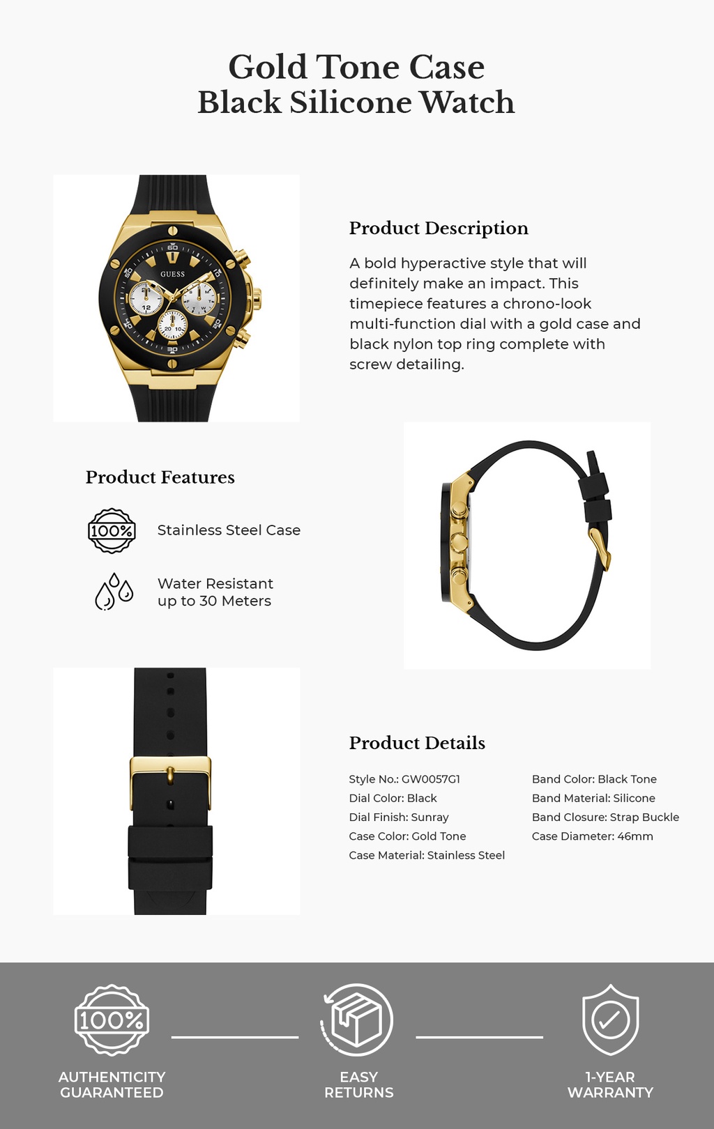 GUESS Mens Sport Gold Tone Black Dial Watch | Shopee Malaysia