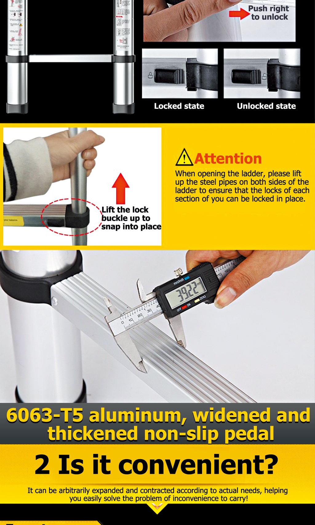 5M aluminum telescopic ladder portable folding straight ladder load ...