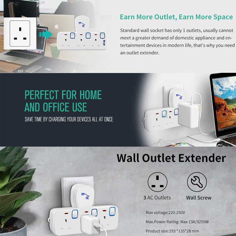 ME Wall Extension Plug Socket T-Adaport Extantion Multiple Wall Socket ...
