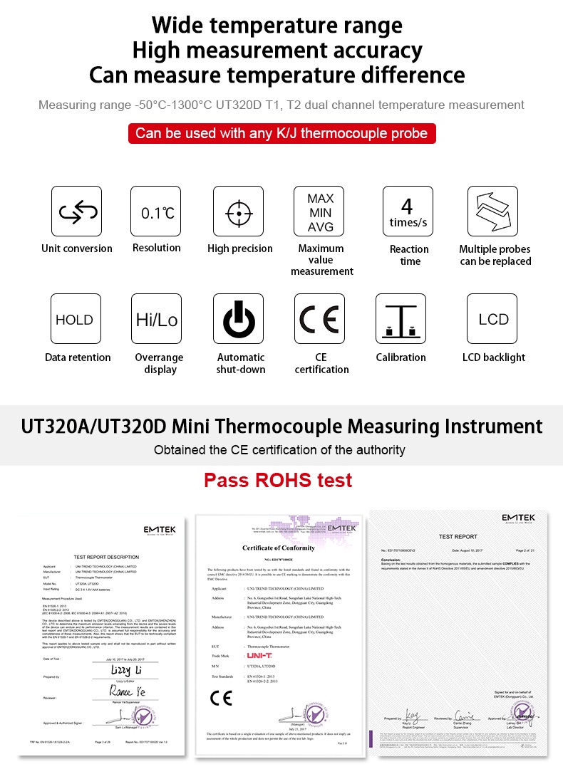 UNI-T UT320A UT320D Mini Contact Type Digital Thermometer K/J ...